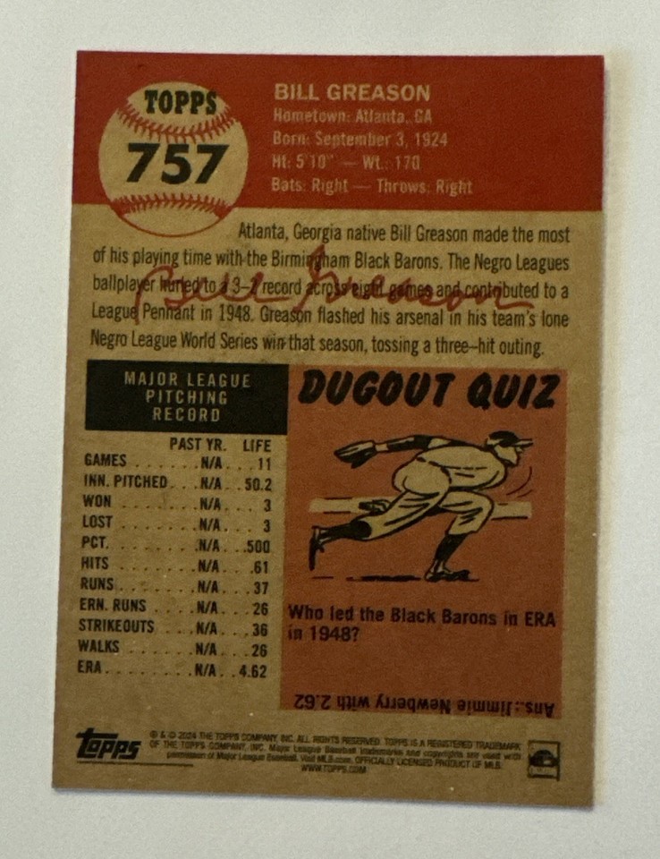 BILL GREASON 2024 TOPPS LIVING SET SIGNED AUTOGRAPHED CARD #757 BLACK ...