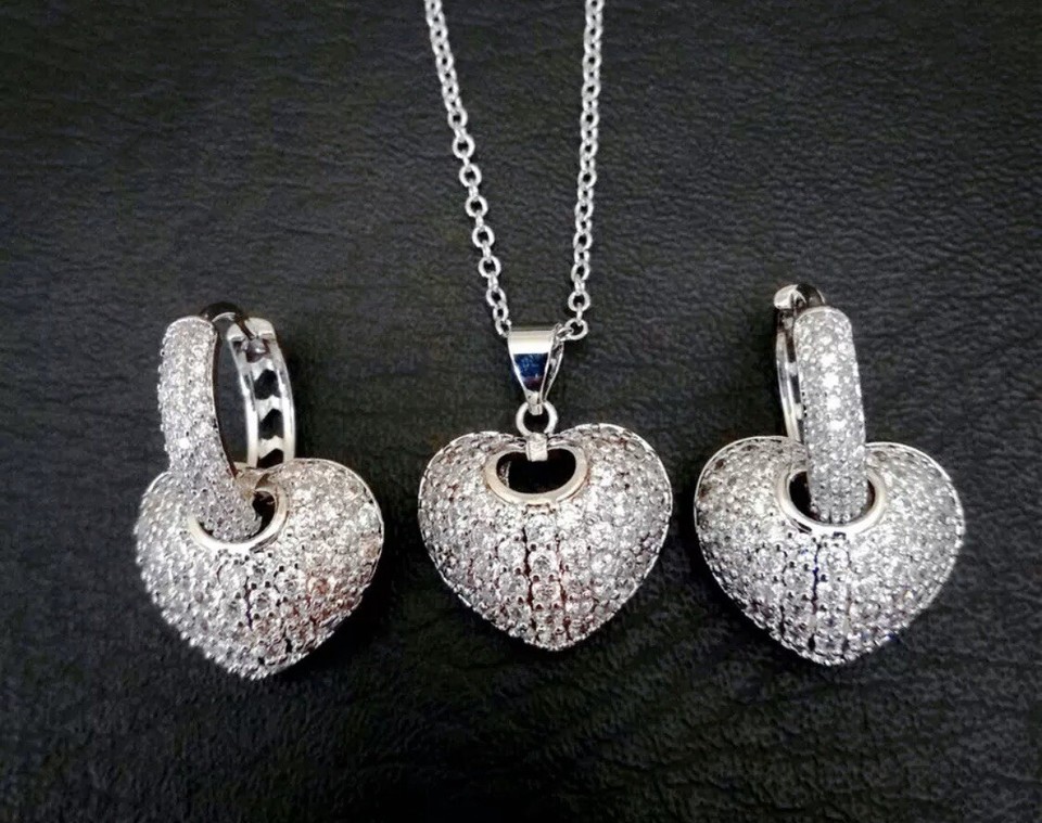 14k Platinum Plated Heart Pendant Necklace Earrings w Swarovski Crystal ...