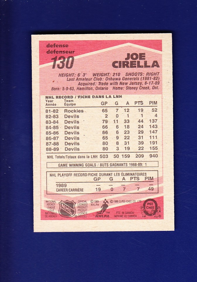 Joe Cirella 1989-90 O-PEE-CHEE OPC NHL Hockey #130 (NM+) Quebec ...