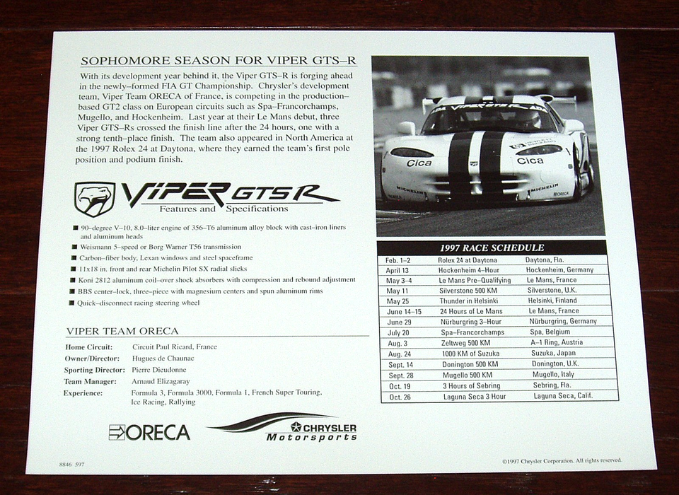 1997 DODGE VIPER GTS-R LeMANS Race Car Brochure - FIA GT Championship ...