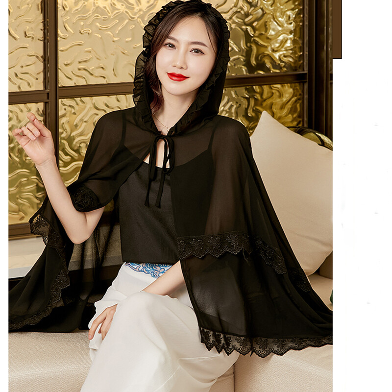 Women Chiffon Cloak Hooded Cape Shawl Wedding Bridal Sheer Ruffle Midi ...