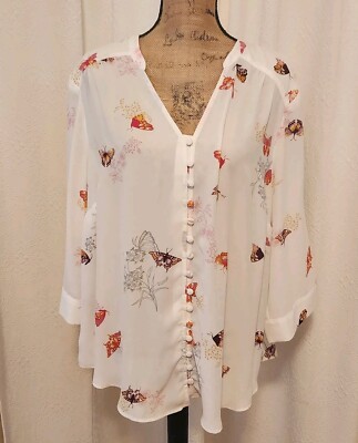 Torrid Women's 1 White Butterfly Roll Tab Sleeve V-Neck Tunic Blouse | eBay