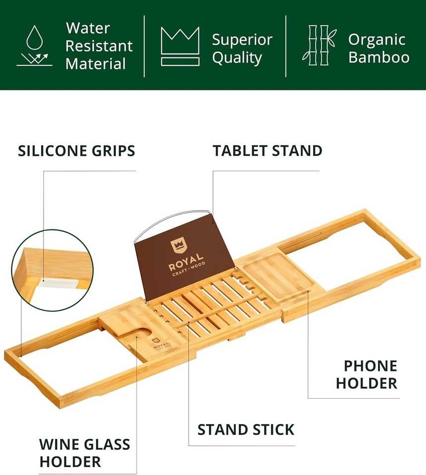 ROYAL CRAFT WOOD Premium Foldable Bathtub Tray - Wood Bath Tray for Tub, Bamb... | eBay