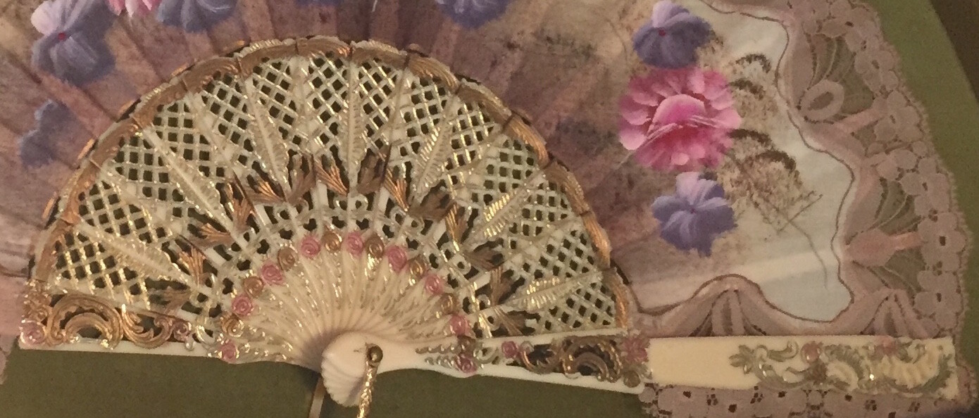 Antique Hand-Painted Fan in Hand-Carved Gilded Shadow Box Near Mint ...