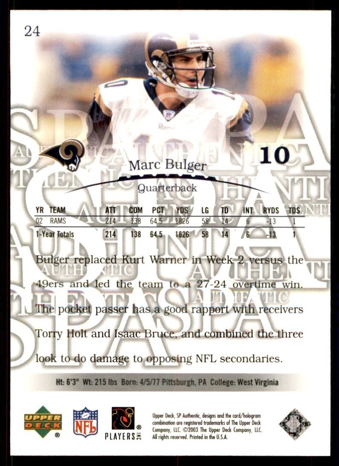 2003 SP Authentic #24 Marc Bulger | eBay