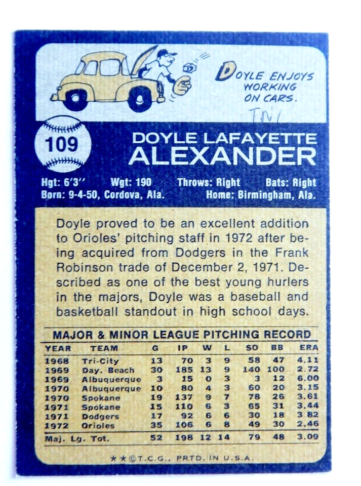 Doyle Alexander #109 Topps 1973 Baseball Card (Baltimore Orioles) *VG ...