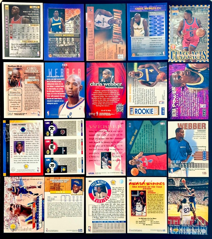 CHRIS WEBBER (HOF) LOT OF 20 UNIQUE NM/MT HI END CARDS-FINEST/RC ...