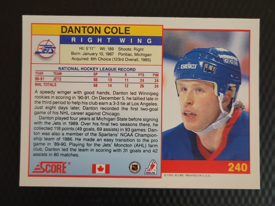 1991-92 Score Canadian DANTON COLE Winnipeg Jets Hockey NHL Card #240 ...