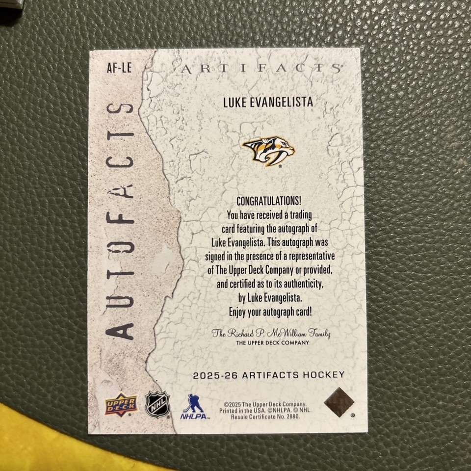 25-26 Upper Deck Artifacts Autofacts Autograph Card Luke Evangelista | eBay