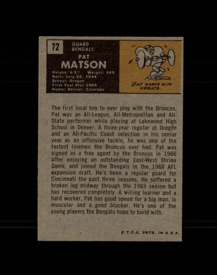 1971 Topps Football #072 Pat Matson STARX 6 EX/MT CS58740 | eBay