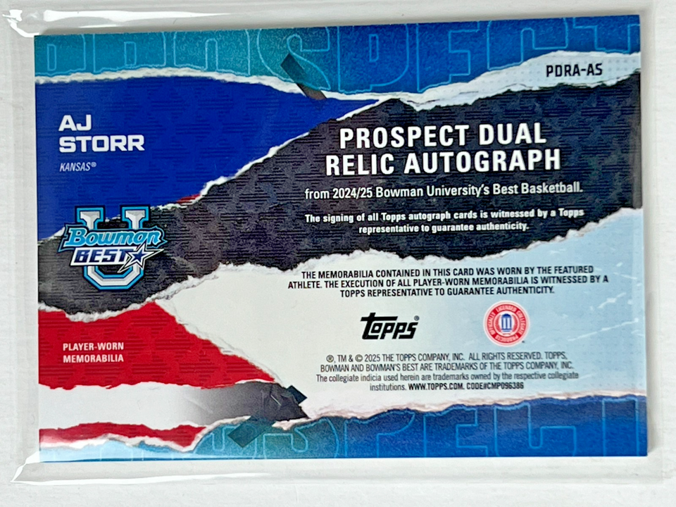 2024-25 Bowman University Best AJ Storr Prospect Dual Relic Auto ...