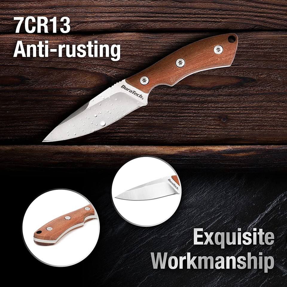 DURATECH Compact Fixed Blade Knife 6'' Full Tang Wood Handle with ...