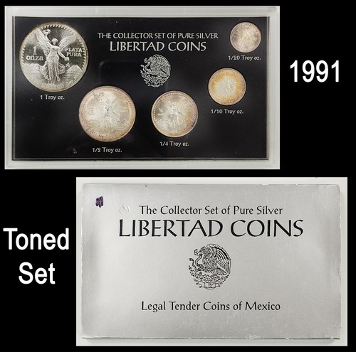 1991 Mexico Libertad Collectors Set of 5 Coins .999 Fine Silver Toned ...