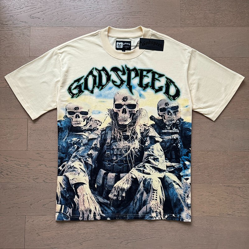 25/SS Godspeed Hip hop skeleton soldier print pattern Tee Washed Mens T ...