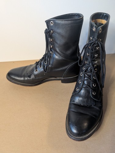 Justin Roper Boots Black Leather Lace Up Style 506 Size 9.5 D | eBay