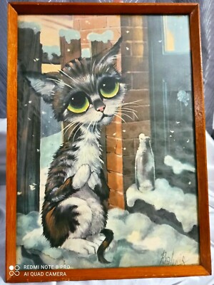 Mid-Century Sad-Eyed Cat Print – Kitsch – Retro framed signed original ...
