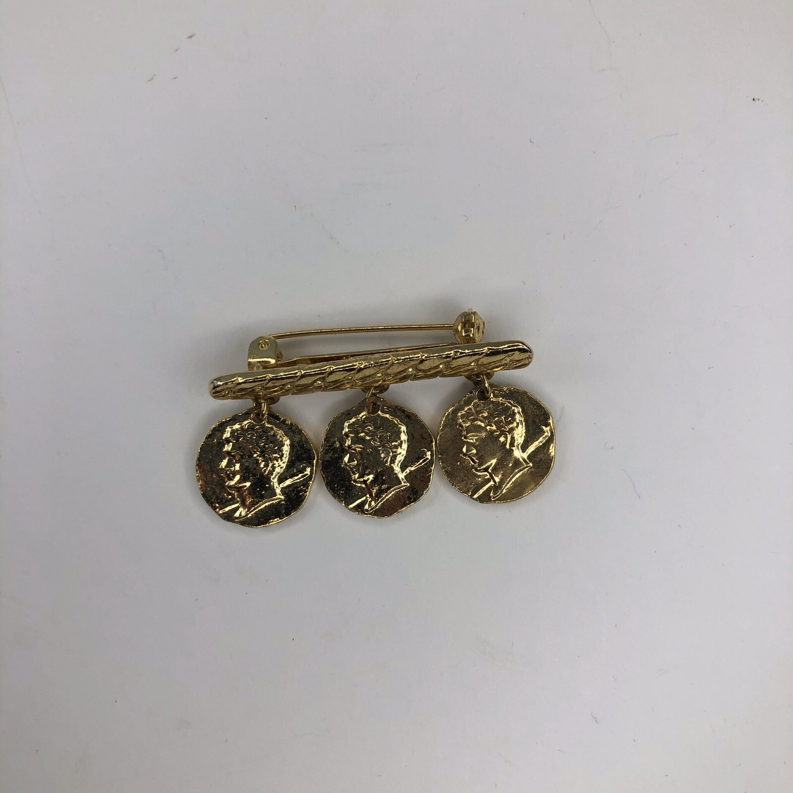vintage 3 Coin Roman Profile Replica Brooch Pin Braid… - Gem