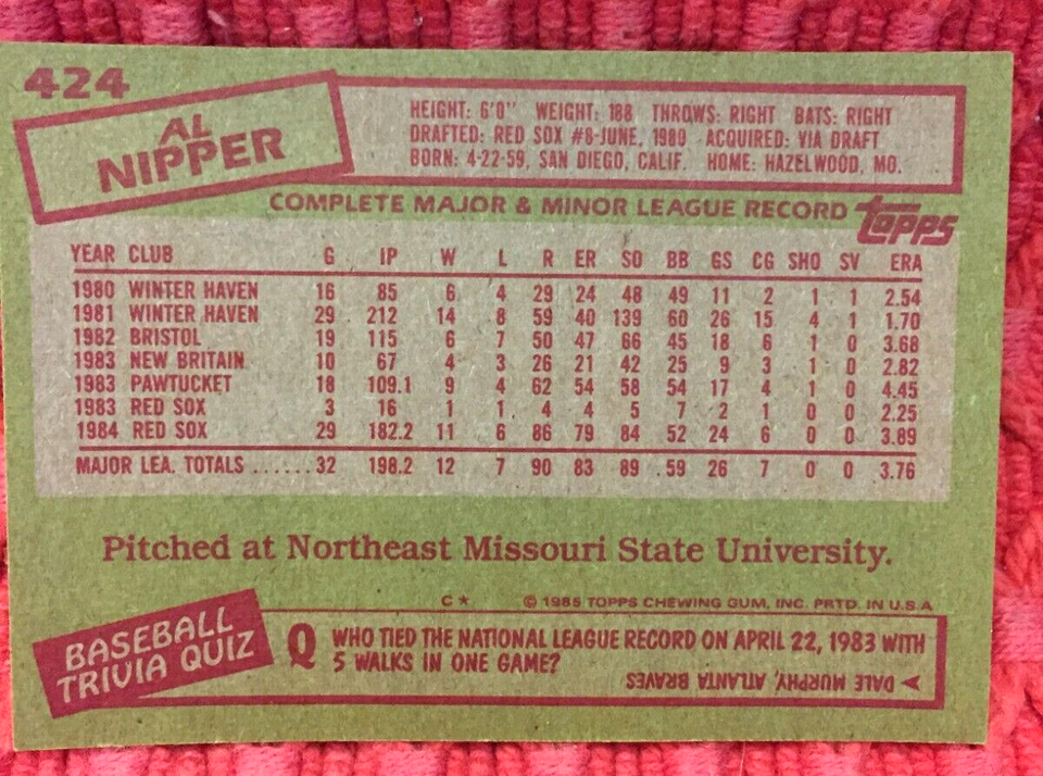 Red Sox Al Nipper # 424 MLB Vintage Baseball Card Ships Free | eBay