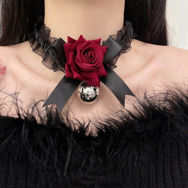 Lace Flower Clavicle Chain Necklace Black Lace Choker with Bell Sweet ...