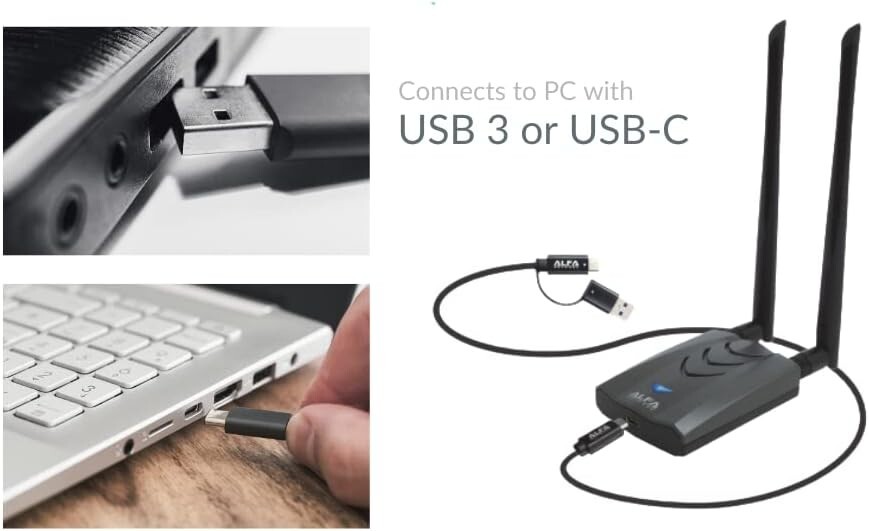 ALFA AWUS036AXML 802.11axe WiFi 6E USB 3.0 Adapter AXE3000, Tri Band 6 ...