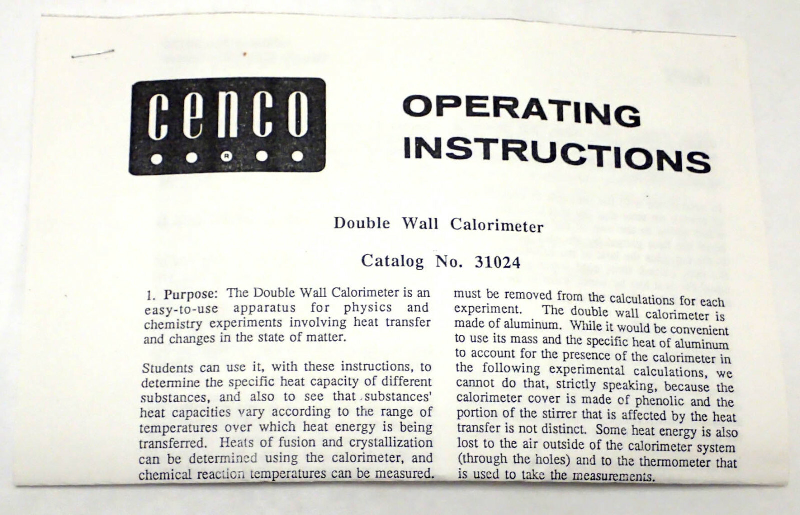 CENCO 31024-01 DOUBLE WALL CALORIMETER, for CHEMISTRY / PHYSICS ...