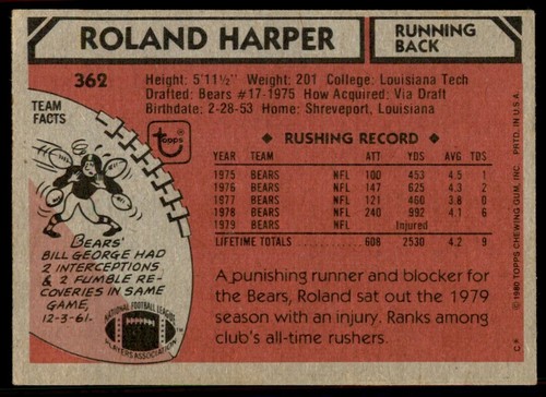 1980 Topps Football Roland Harper Chicago Bears #362 | eBay