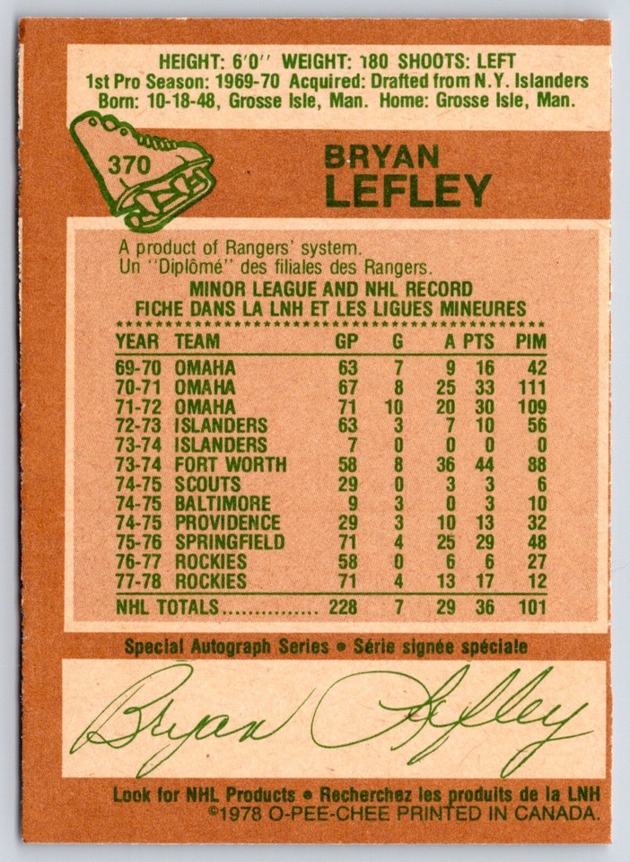 BRYAN LEFLEY 1978-79 O-PEE-CHEE 78-79 NO 370 EXMINT+ 43761 | eBay