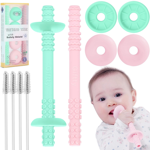 Teething Tube with Safety Shield Baby Hollow Teether Sensory Toys Gum ...