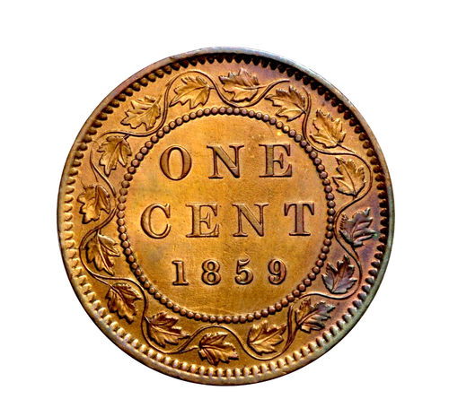 1 One cent 1859 Canada Victoria Double 8+5 & minting defects Red Copper ...