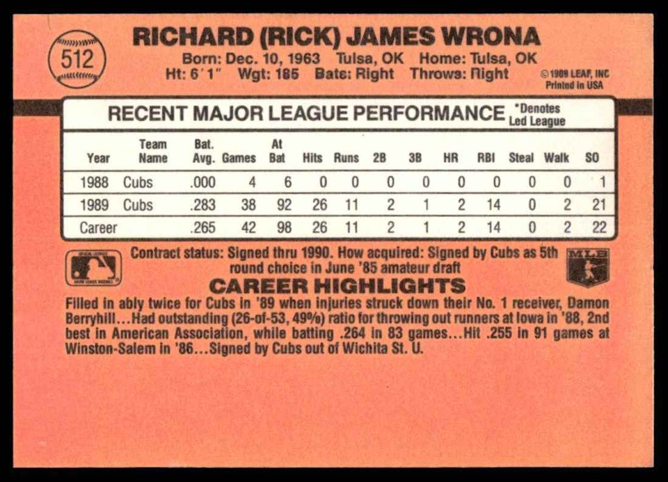 1990 Donruss Rick Wrona Rookie Chicago Cubs #512 | eBay