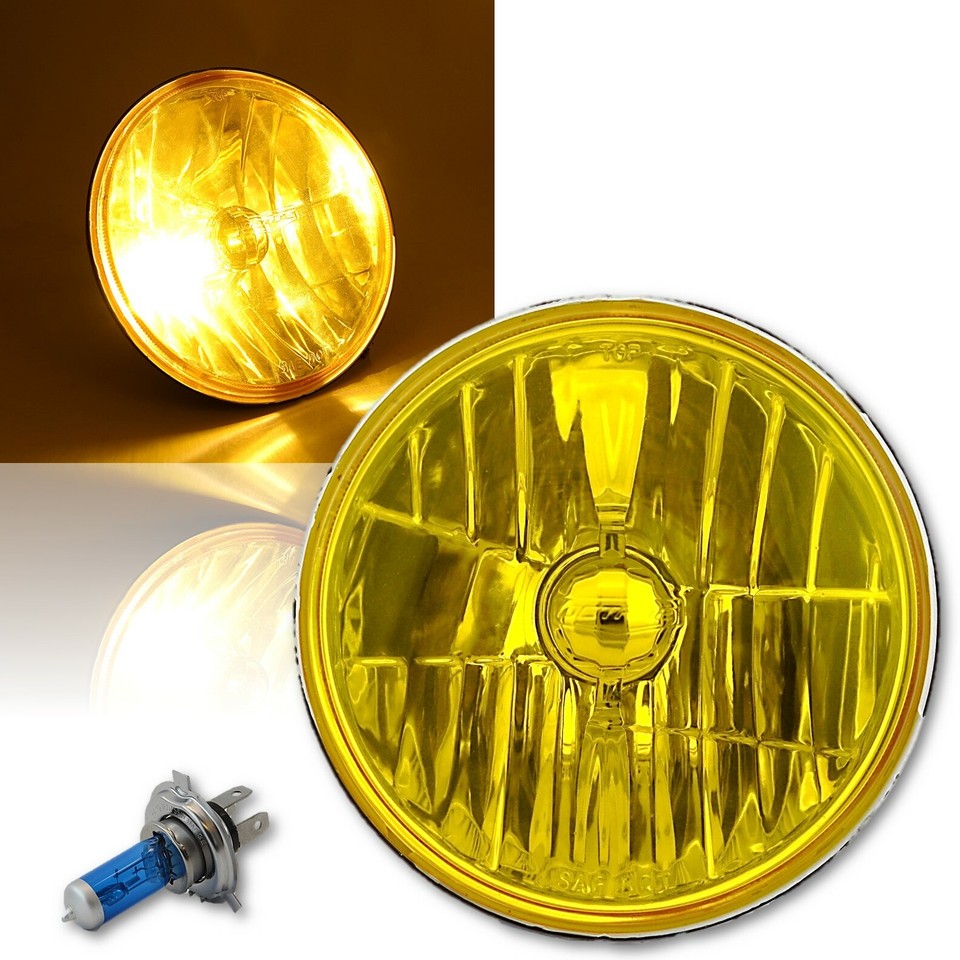 7" H6024/6014 Yellow Amber Crystal Glass Headlight H4 Halogen Fog Light ...