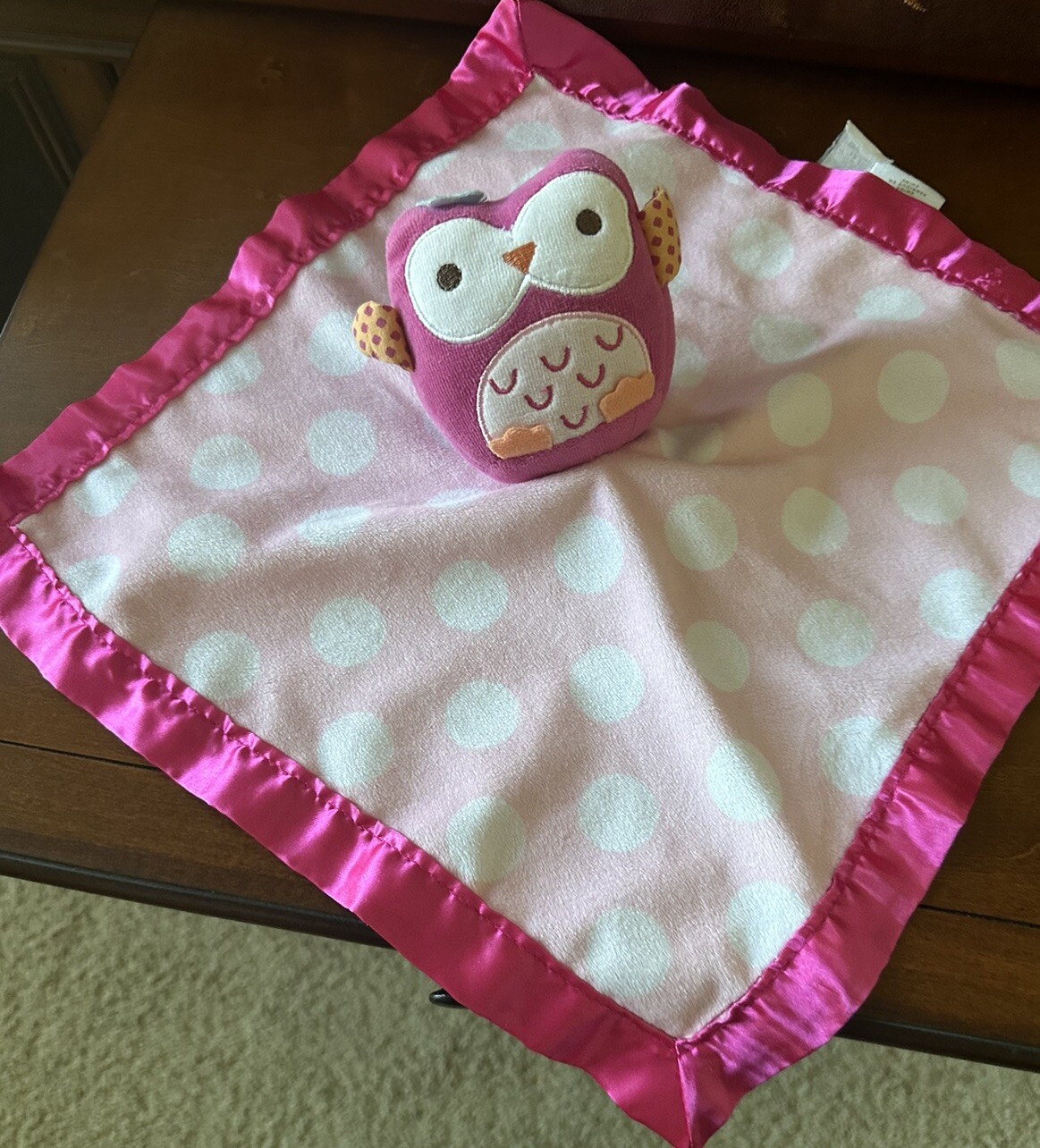 Circo Pink Owl Lovey Plush Security Blanket White Polka Dot Satin Trim ...