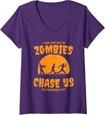 If Zombies Chase Us I'm Tripping You Funny Zombie Ladies' V-Neck Tshirt ...