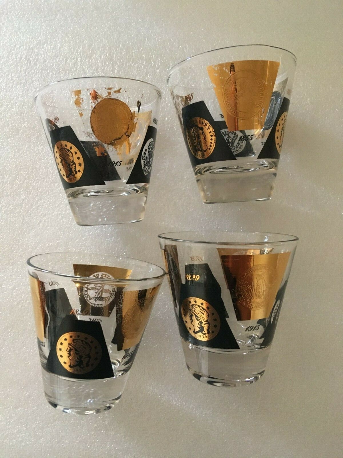 Set 4 Mid Century Cera Glass 22KGold with Coin Emblem Design "Old Coins ...