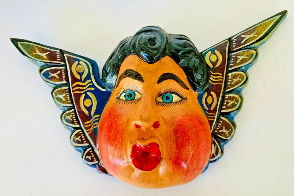 Mexican Folk Art Carved Wood Angel Cacheton Bust Wall Hanging Colonial ...