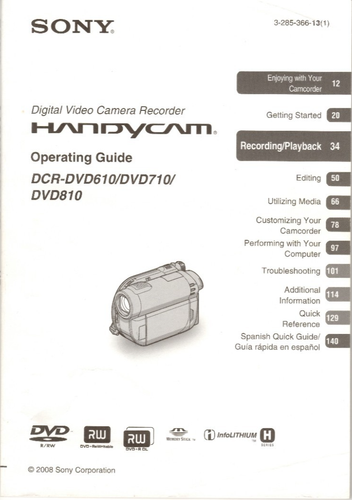 Original Sony Handycam DCR-DVD610/710/810 DVD Camcorder Operating Guide FR/SHP | eBay
