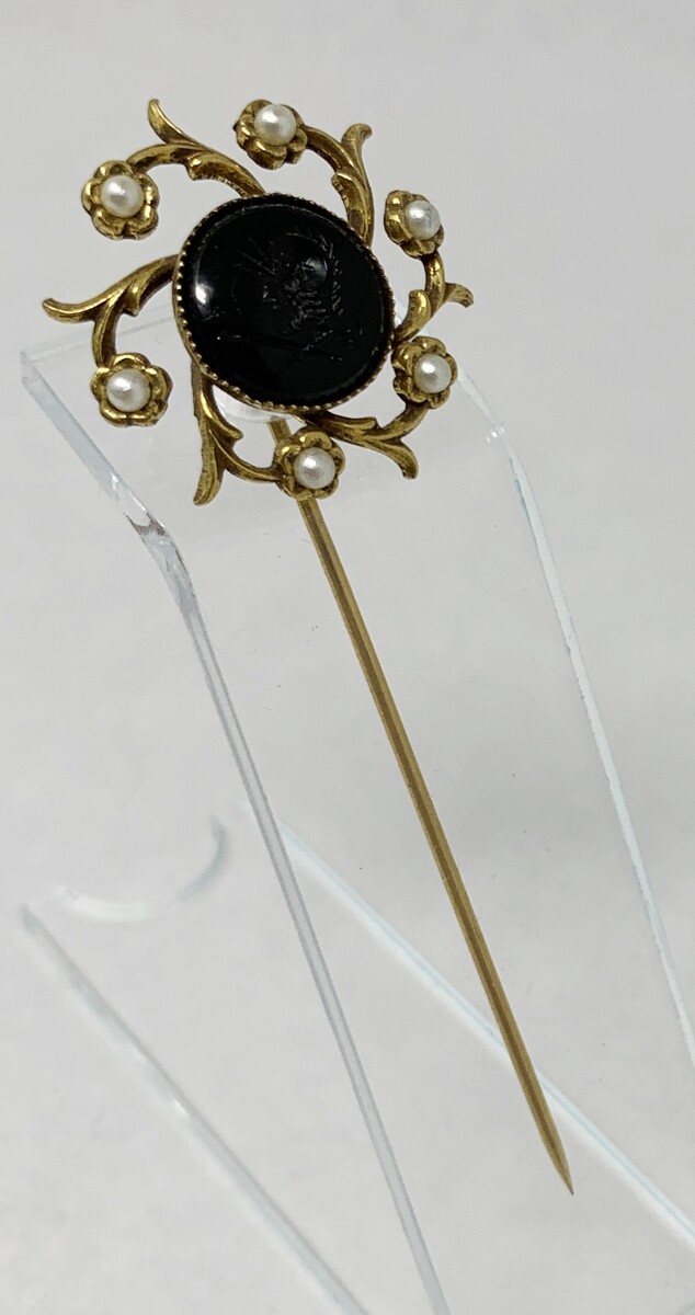 Antique Intaglio Stick Pin Pearls - Gold Filled Stick… - Gem