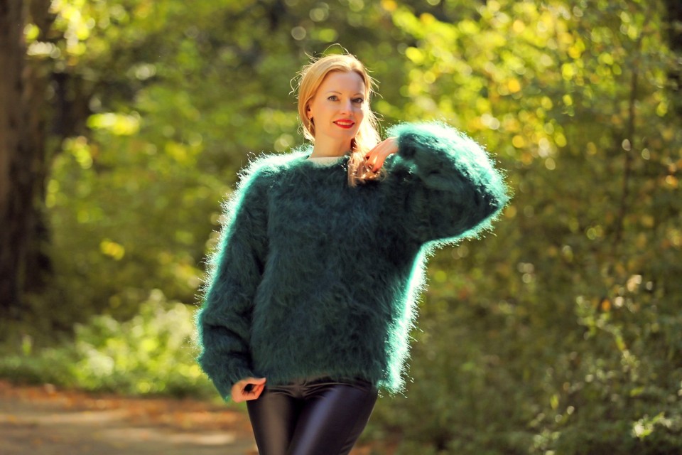Green fuzzy mohair sweater hand knit soft top fluffy thick jumper ...
