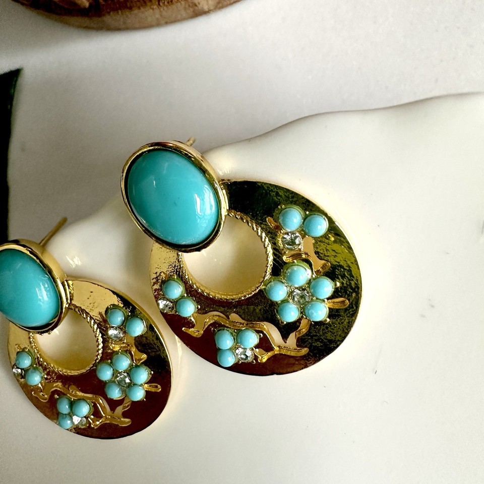 Gold Turquoise Stone Flower Circle Hoop Earrings Boho Japanese Vibe ...