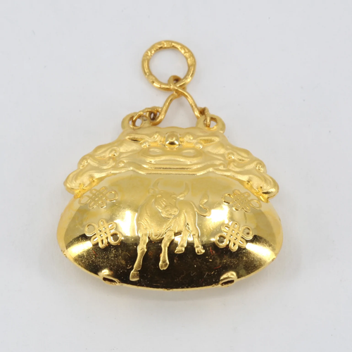 24K Solid Yellow Gold Baby Puffy Ox Longevity Lock Hollow Pendant 5.8 ...