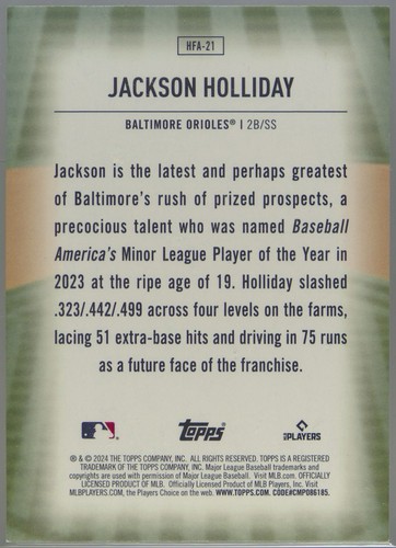 2024 Topps Jackson Holliday Rookie Card Home Field Advantage #HFA21 PSA ...