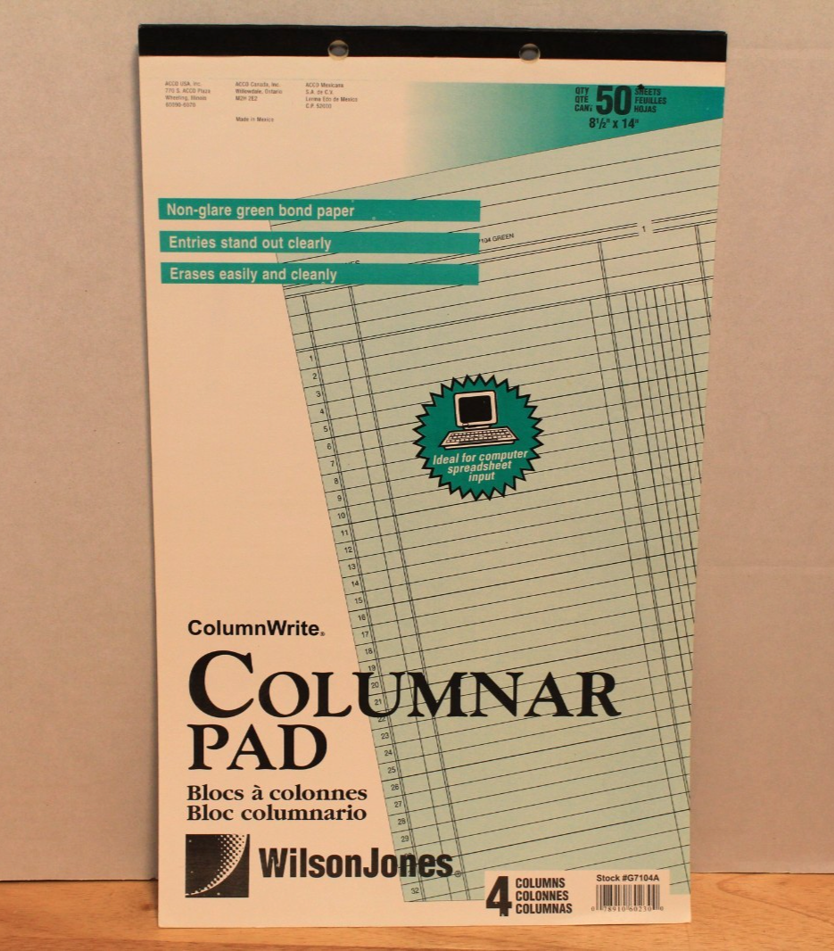Wilson Jones Columnar Pad-4 Columns 50 Sheets 8 1/2 x 14 inch #G7104A ...