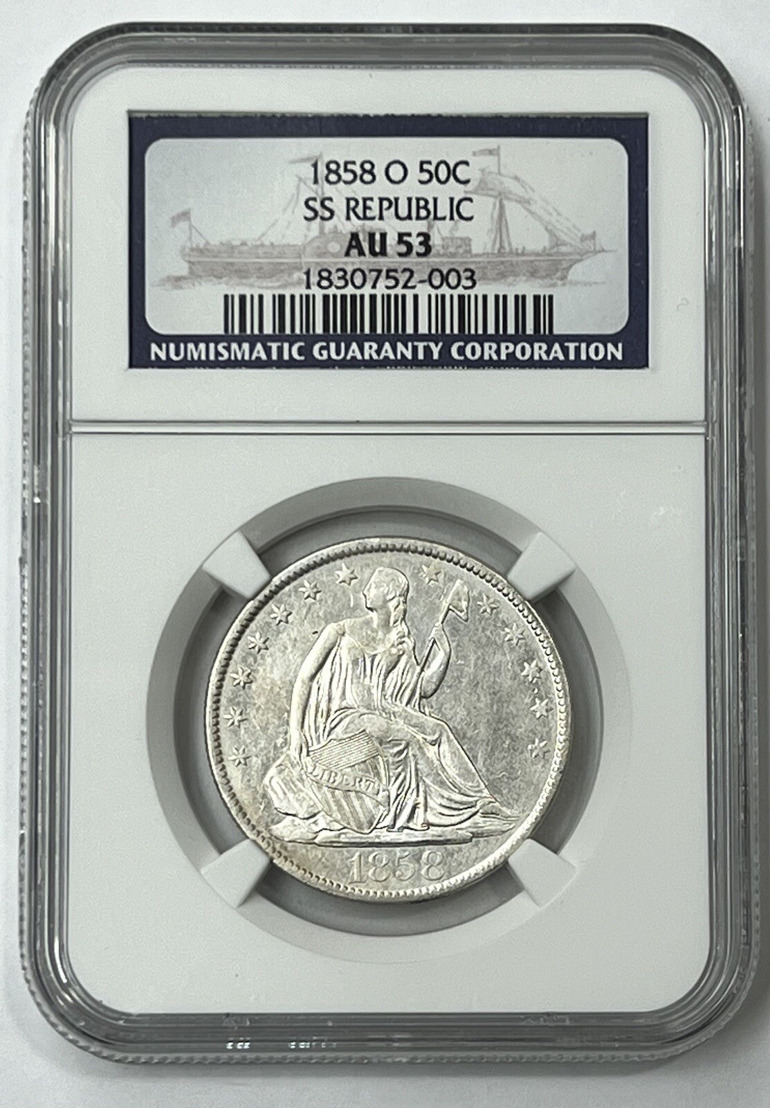 1858-O 50c Seated Liberty Arrows NGC AU53 SS Republic Shipwreck ...
