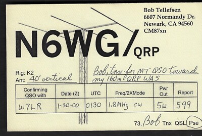 QSL CARD"N6WG/QRP,Bob Tellefsen,Pic of Antenna/Tower",Newark,CA(Q7584 ...