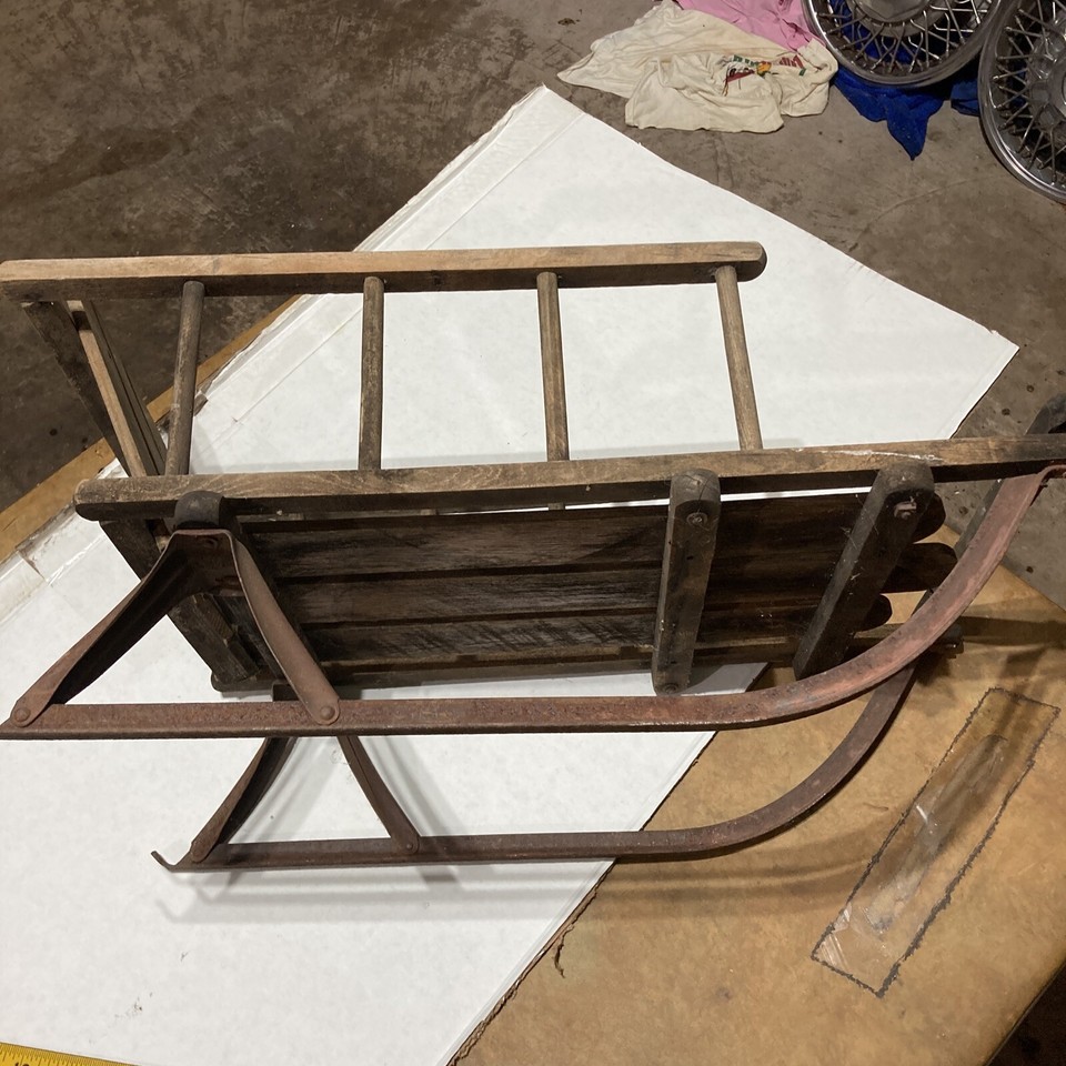 Vintage Antique Child's Wooden Runner Sled With Backrest & Rails Metal ...