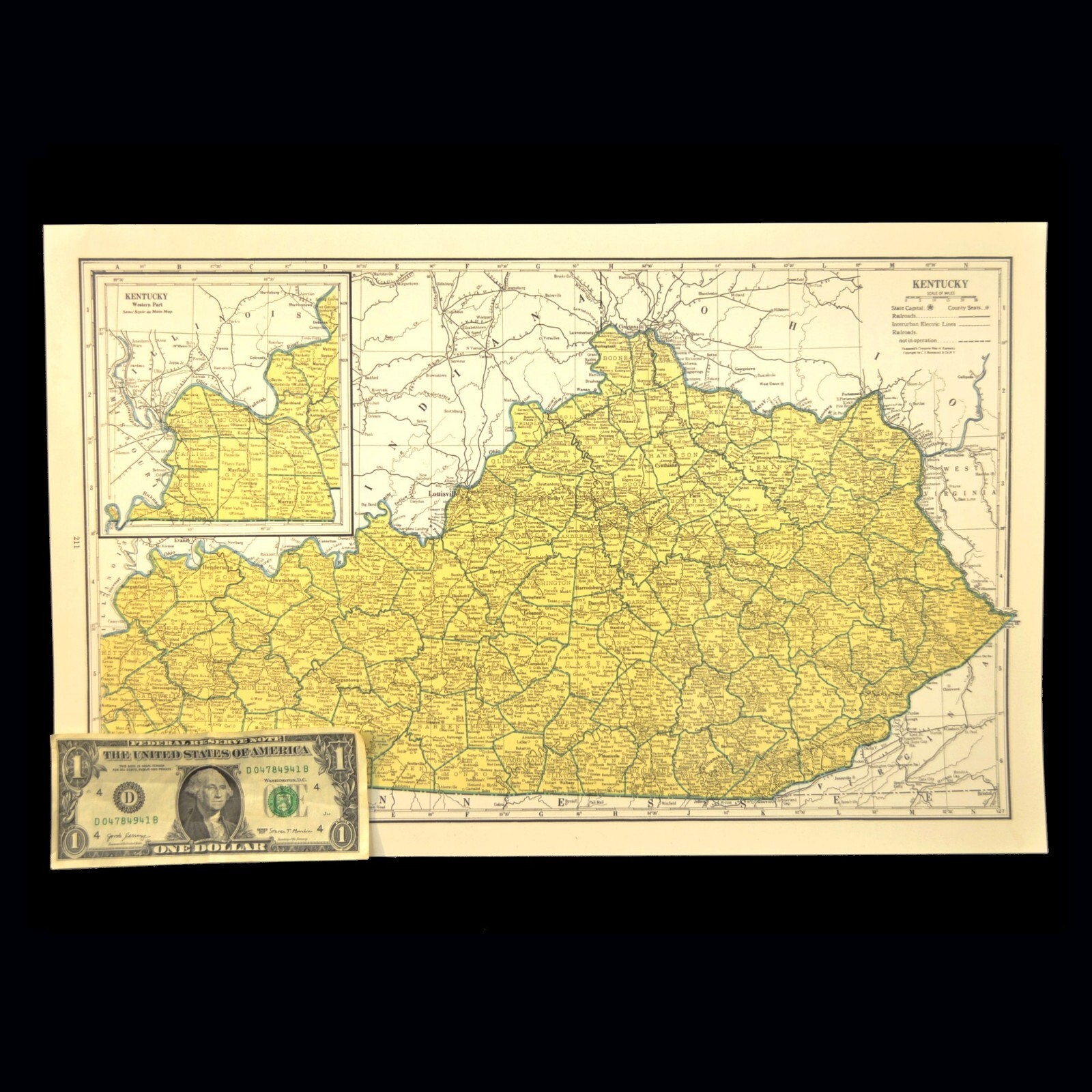 Vintage KENTUCKY Railroad Map Wall Art LARGE SR Louisville & Nashville ...