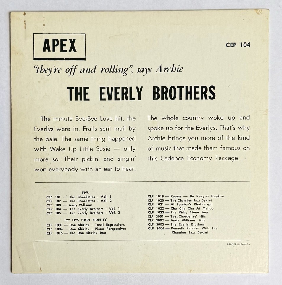 50s Rockabilly Bopper Canada PS EP 45 THE EVERLY BROTHERS s/t Vol 1 ...