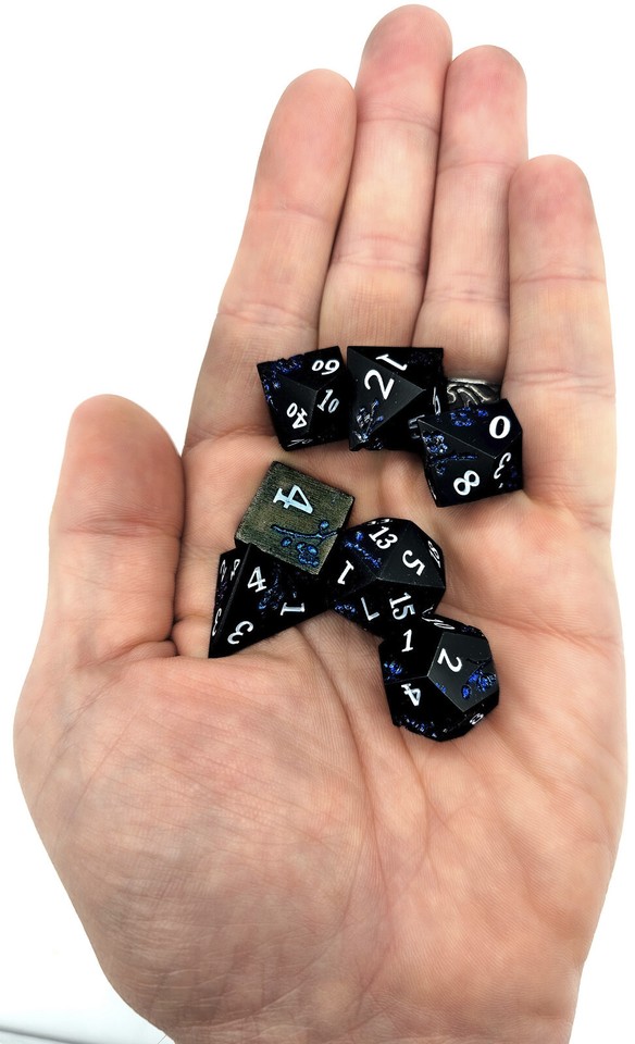 Black & Blue Plum Blossom Solid Metal DND Dice Set Polyhedral Dungeons ...