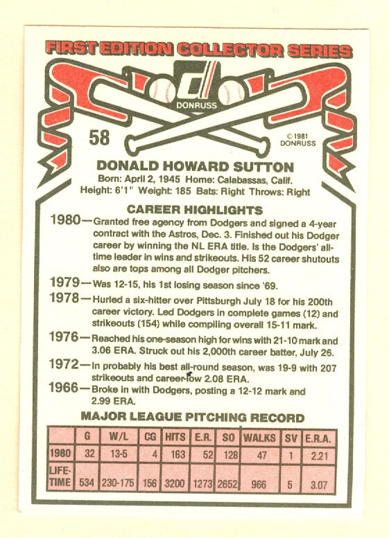 1981 DONRUSS # 58 DON SUTTON HOF MINT PERFECT CENTERED * | eBay
