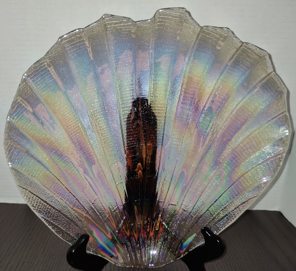 VTG Iridescent Glass Shell Platter Dish Scallop Japan Coastal Sea Beach ...